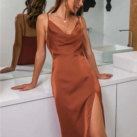 SHEIN | Dresses | Dm Split Thigh Cowl Neck Satin Dress Nwt | Poshmark